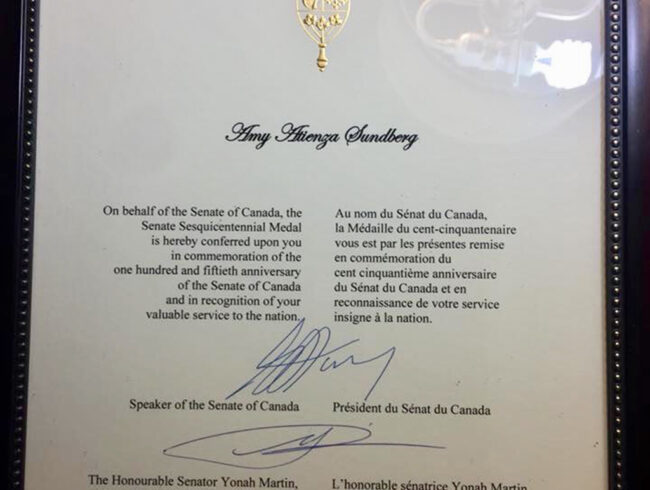Amy Sundberg a Recipient of Canada’s Senate 150th Anniversary Medal ...